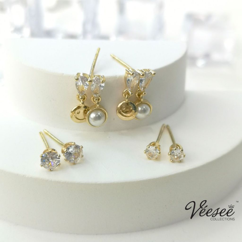 Veesee Elegant Cute Stainless Steel Stud Earrings Set Smiley Pearl ...