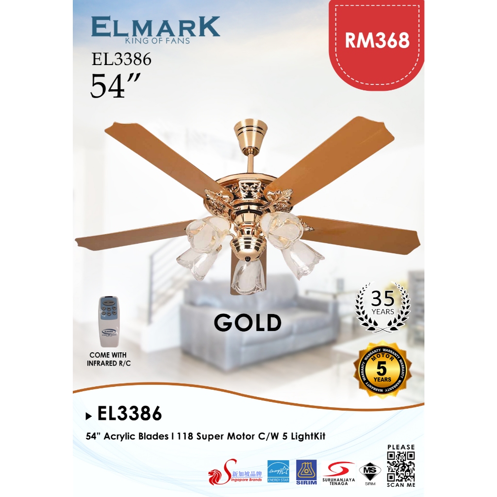 Elmark Ceiling Fan EL 3386 (EXCLUDED BULB) | Shopee Malaysia