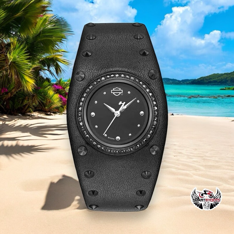 Harley-Davidson® Women's Studded Leather Cuff Stainless Steel Watch ...
