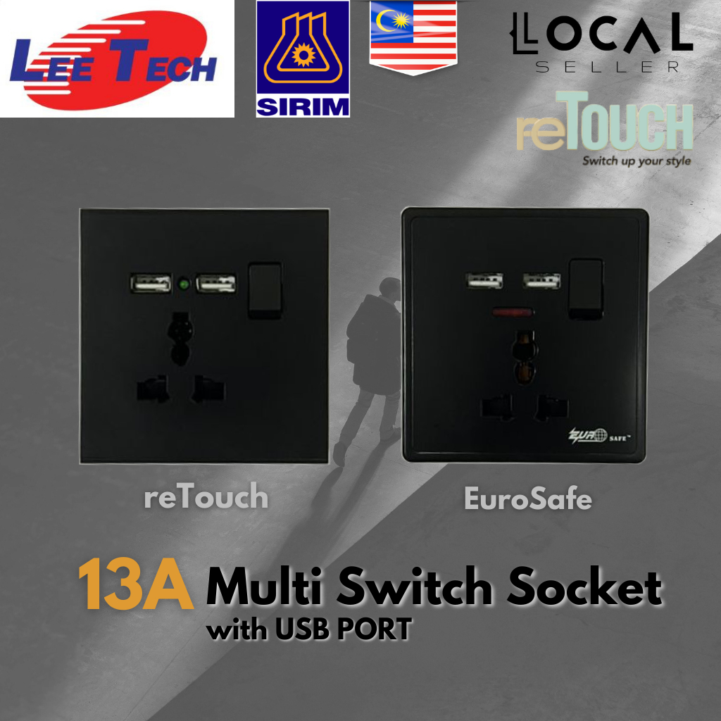 Universal MULTI 13A c/w USB TYPE-A Switch Socket (BLACK) reTouch (SIRIM ...