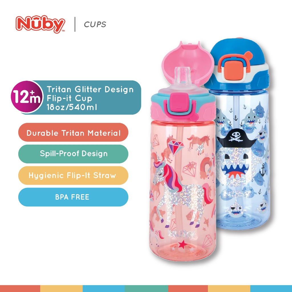 Nuby Tritan Cup with Silicone Spout w/Glitter Design Flip-it Bolt Cup (180z/540ml) NB10774 ...