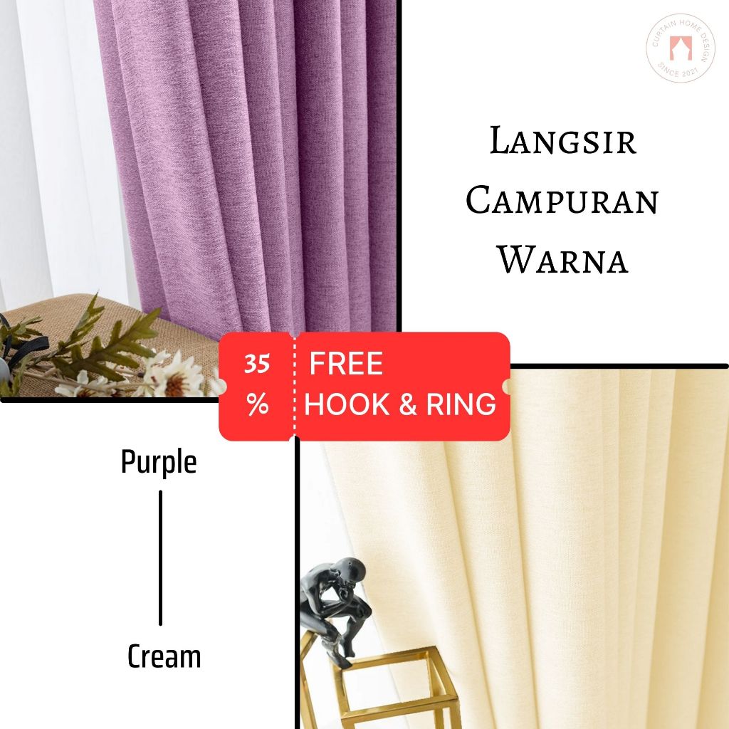 Langsir Linen Hotel 80% Blackout Purple & Cream Anti Cakar Curtain ...