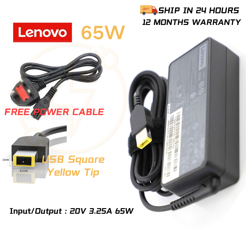 LENOVO 65W 20V 3.25A yellow square tip charger for Lenovo Thinkpad T470 T470S T460 E531 E570 ...