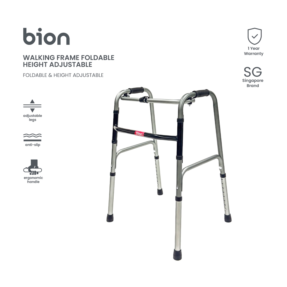Bion Walking Frame Foldable Aluminium | Handles Fixed 32"-39" Silver ...