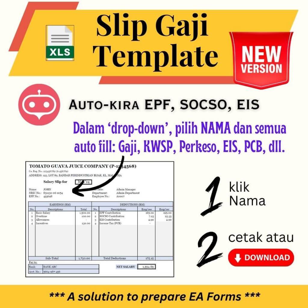 Slip Gaji Template auto-fill KWSP, PERKESO, Excel, Payroll template ...