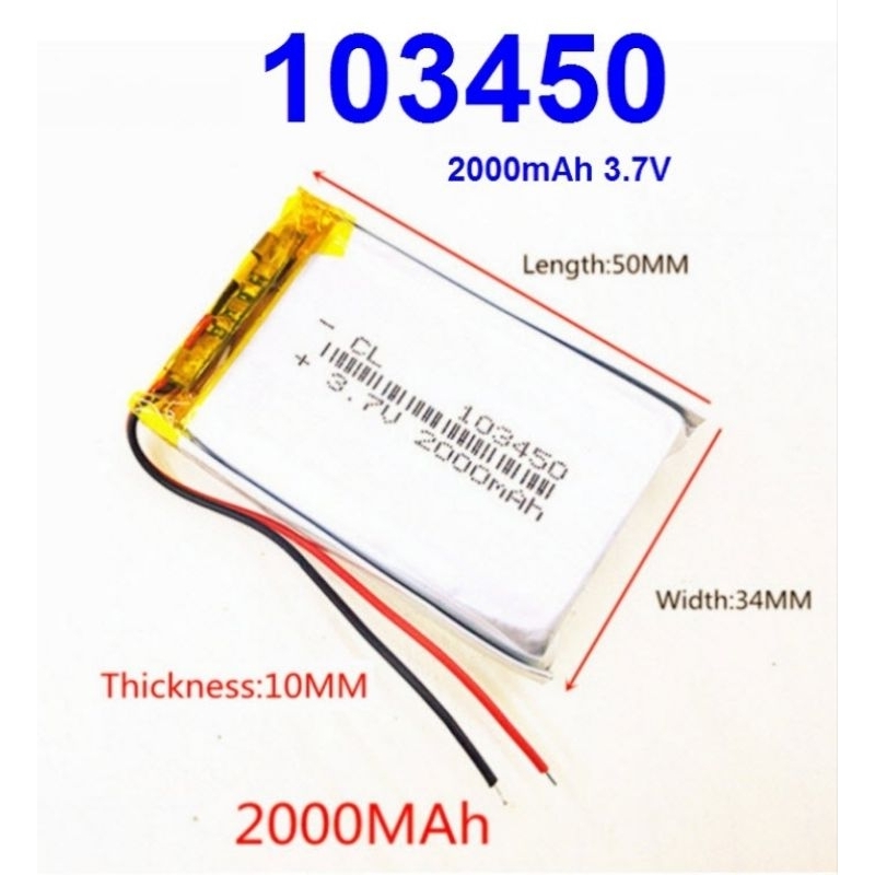 3.7V 103450 2000mAh Battery Lithium Polymer Rechargeable Lipo cells For MP3 MP4 Bluetooth ...