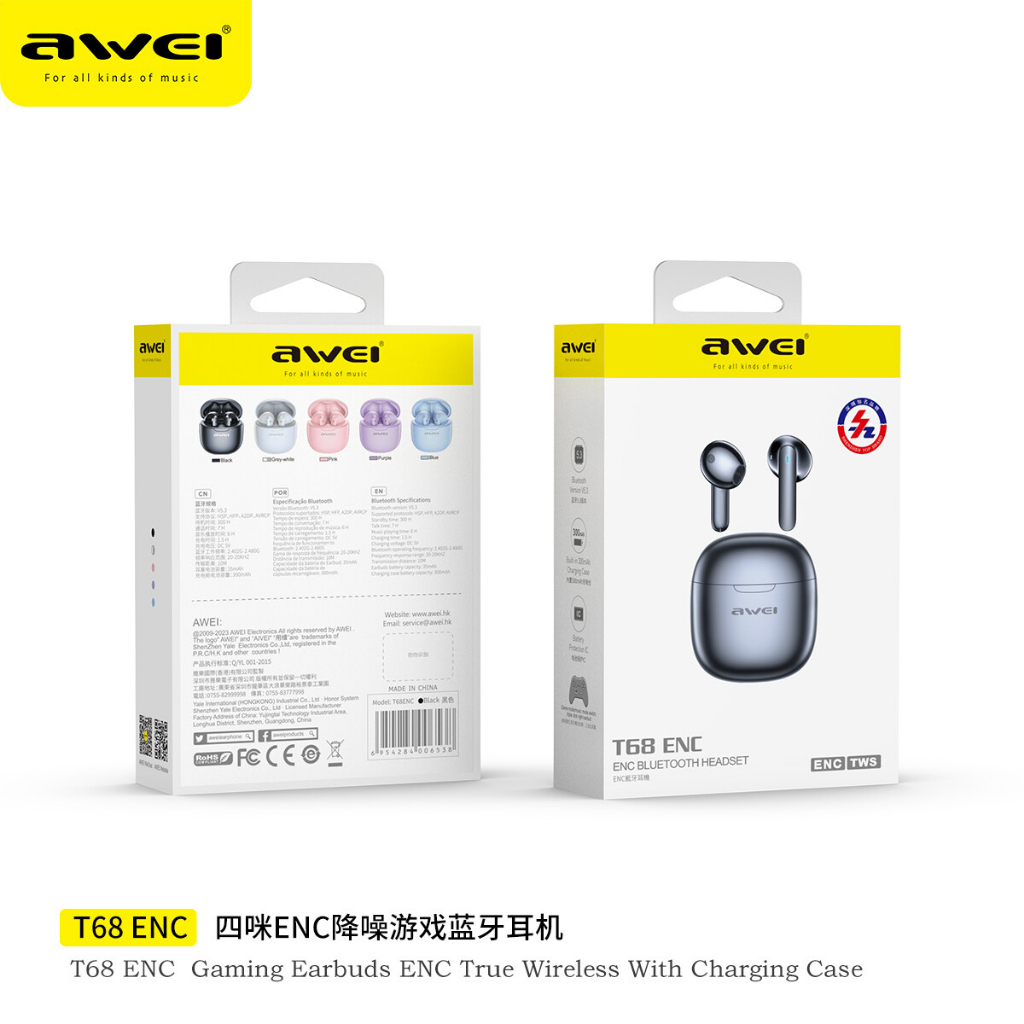 Awei T68 ENC Bluetooth Earbuds TWS Wireless Earbuds with Charging Case ...