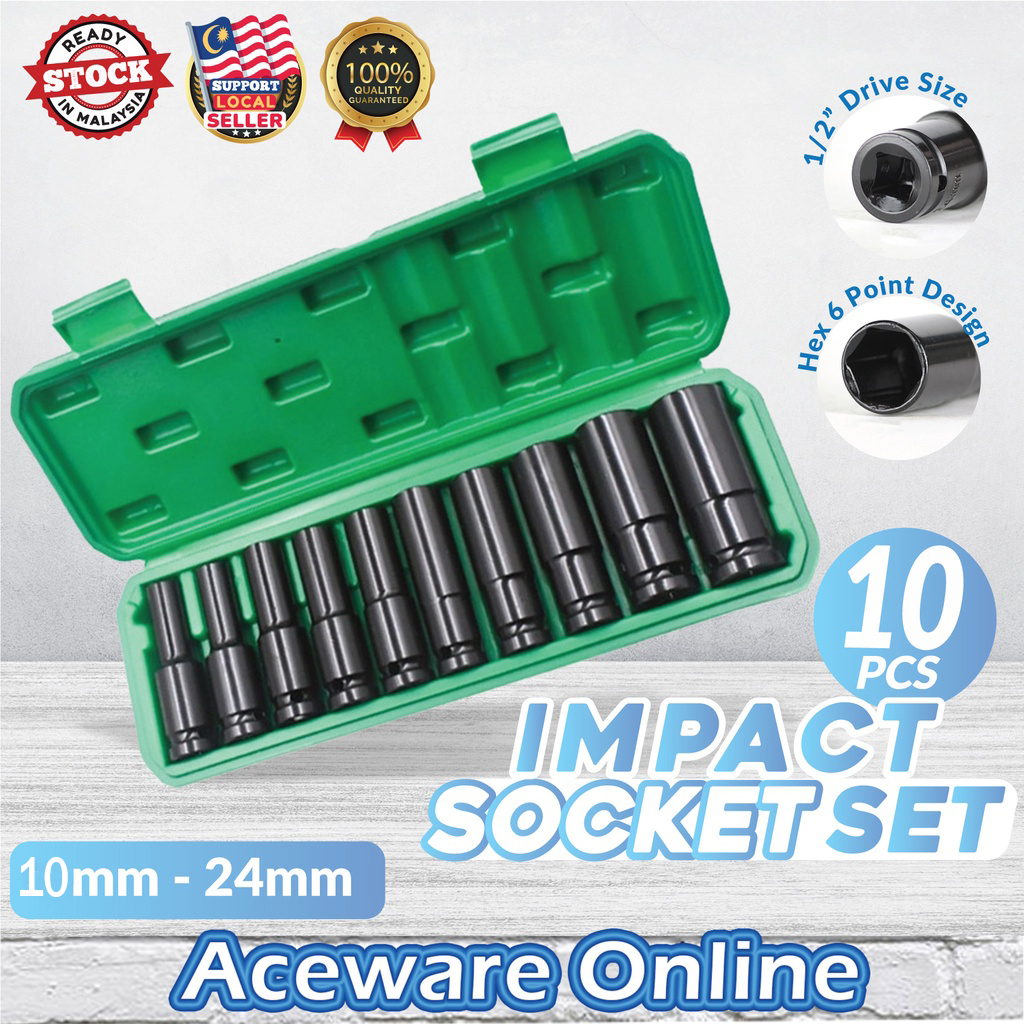 10PCS 1/2" 10-24mm Impact Socket Set Automotive Car Tools Hex Electric ...