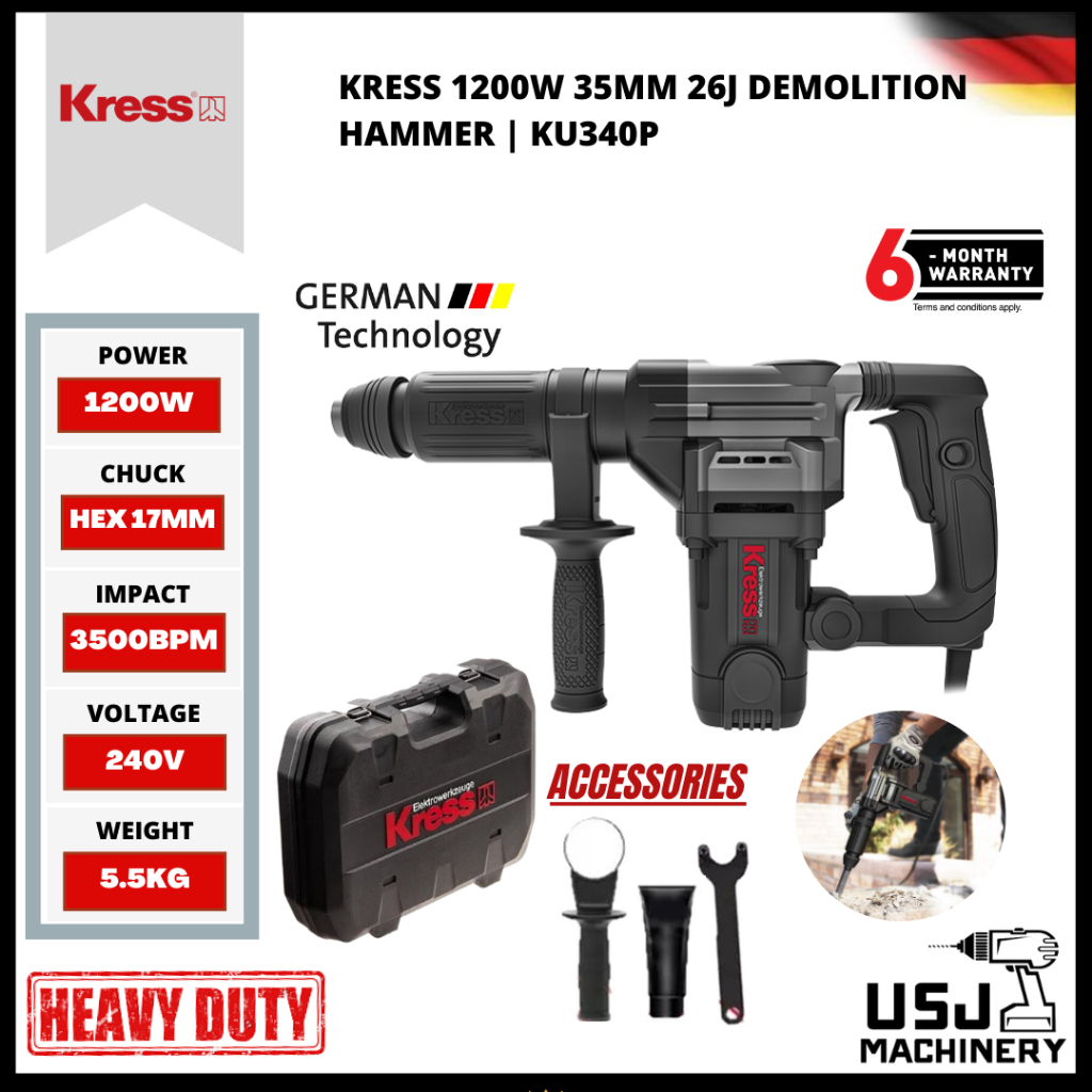 KRESS 1200W 35mm 3000BPM Heavy Duty Demolition Hammer KU340P - Brand ...