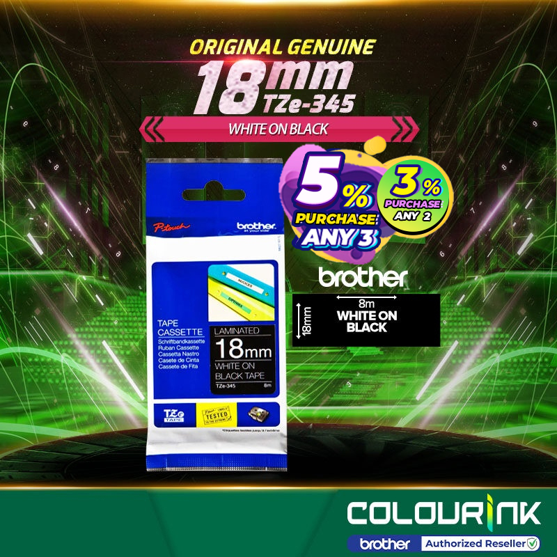 Brother Original Genuine TZe-345 18mm White on Black Laminated Ptouch ...