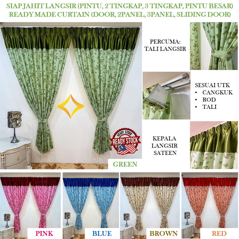 Langsir Bunga Siap Jahit Free Tali Pengikat Ready Made Curtain Free ...