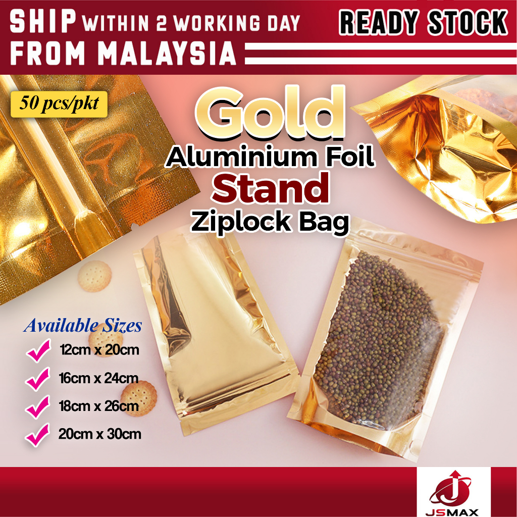 Metalized GOLD Aluminium Foil Stand Zip Lock Bag / Aluminium Stand Bag ...