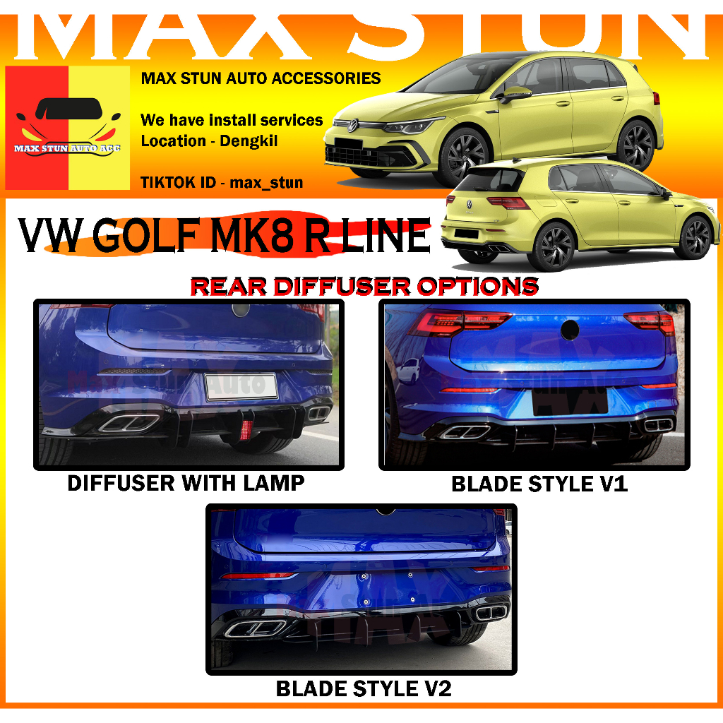 VOLKSWAGEN GOLF MK8 R LINE REAR DIFFUSER BELAKANG BLADE STYLE SKIRT LIP ...
