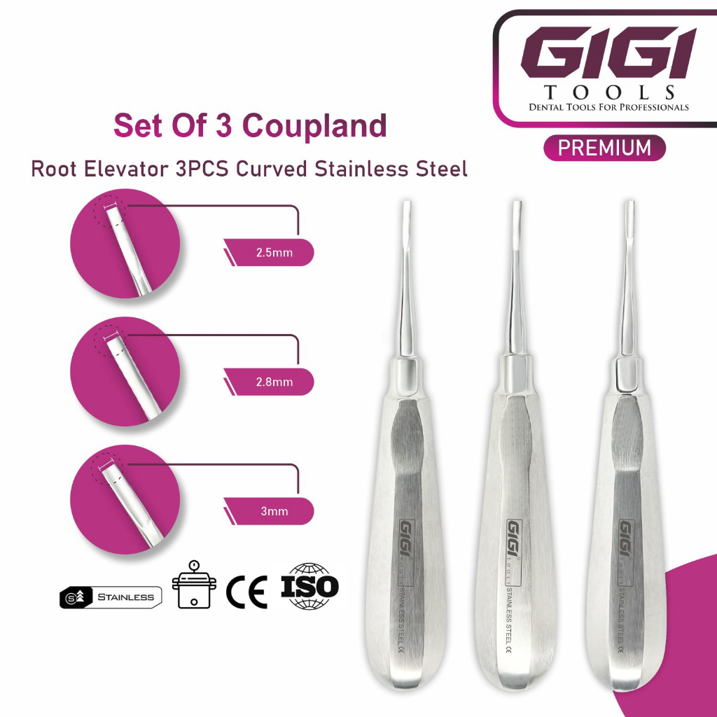GIGI TOOLS Dental Coupland Elevators Set Curved 2.5 - 2.8 - 3mm Dental Root Elevators Stainless ...