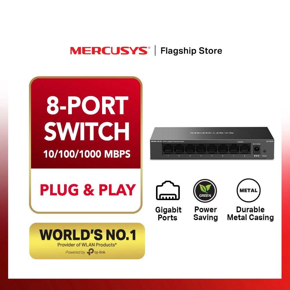 Mercusys 8-Port Gigabit 10/100/1000Mbps Desktop Gigabit Plug & Play Switch with 8-Port MS108GS ...