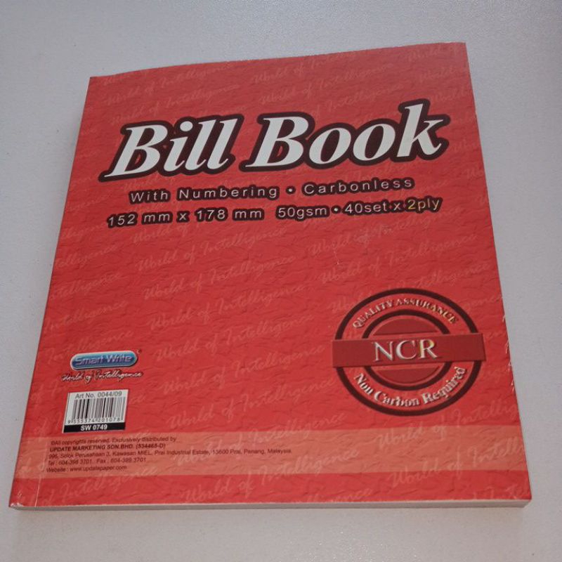 BILL BOOK WITH NUMBERING CARBONLESS 152 MM X 178 MM 50 GMS & 40 SET X ...