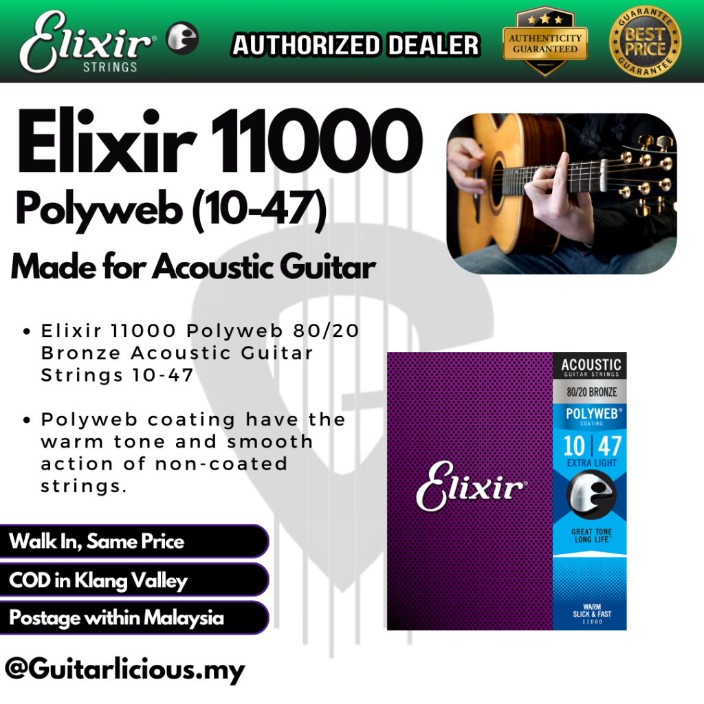 Elixir Strings Polyweb 80/20 Bronze Acoustic Guitar Strings - 11000. 10 ...