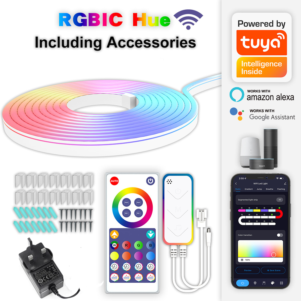 5M/10M Tuya RGBIC App+Remote Neon Rope Lights LED Neon Rope Light with Music Sync App 16M Colors ...