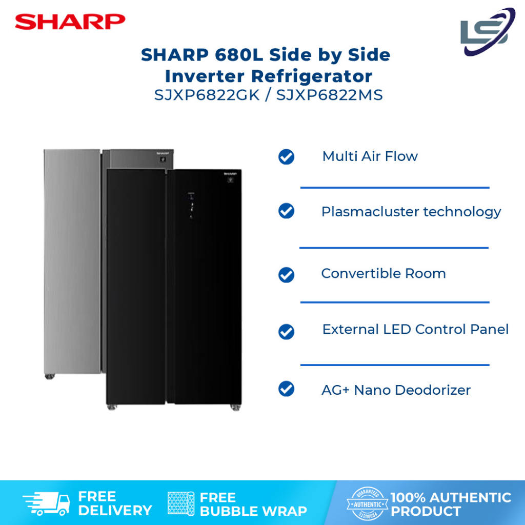 SHARP 680L Side by Side Inverter Refrigerator | SJXP6822GK/SJXP6822MS ...