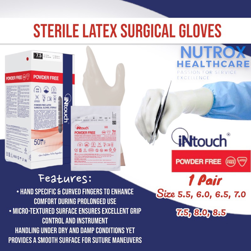 iNtouch Powder Free Sterile Latex Surgical Gloves (1 Pair) 290mm Smooth ...