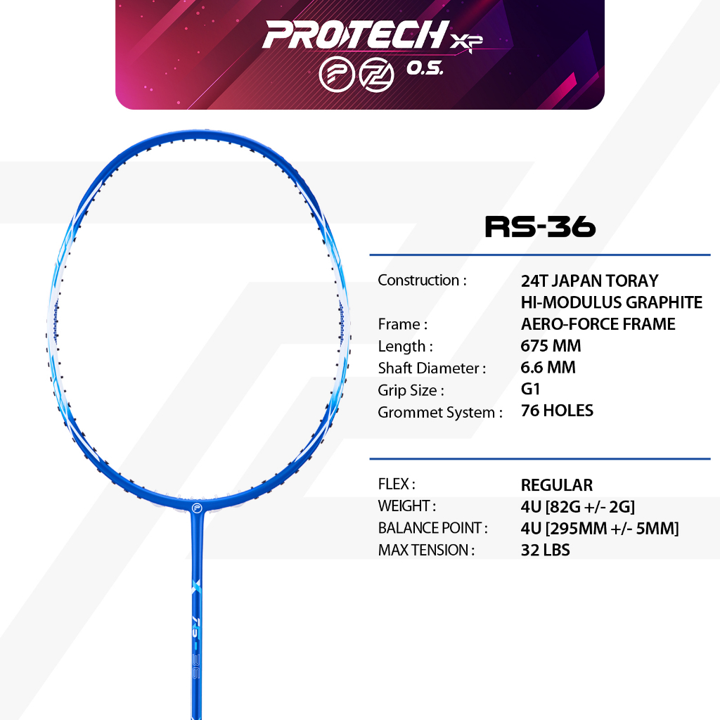 PROTECH Badminton Racket - RS36 (4UG1)(MAX 32LBS)(FREE String + Grip ...
