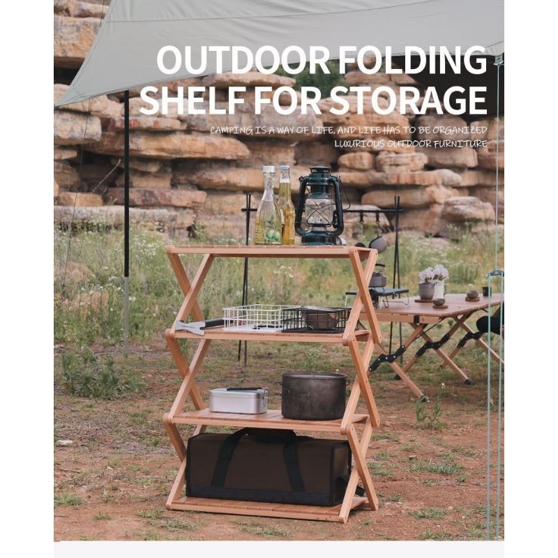 ShineTrip 3 Layer Wood Foldable Storage Rack Outdoor Camping Portable ...