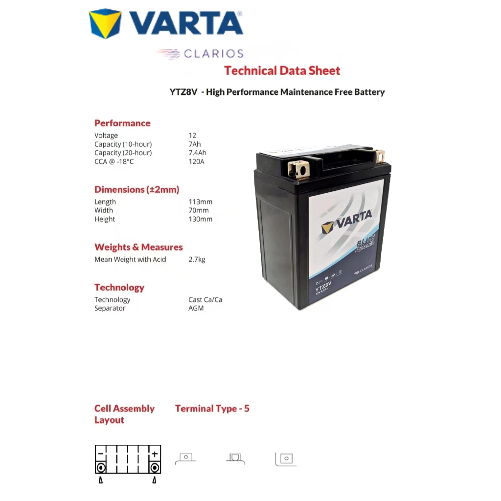 YTZ8V BATTERY GEL YAMAHA R25 / XMAX / RFS150 / KLX150 / DZM200 113mm(L ...