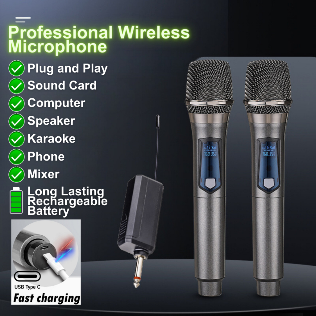 Wireless Microphone with rechargeble battery 2 mics for soundcard/sound ...