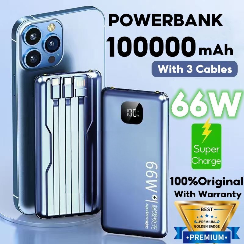 Powerbank 100000mAh 66W Super Fast Charge With 3 Cable Power Bank LED ...