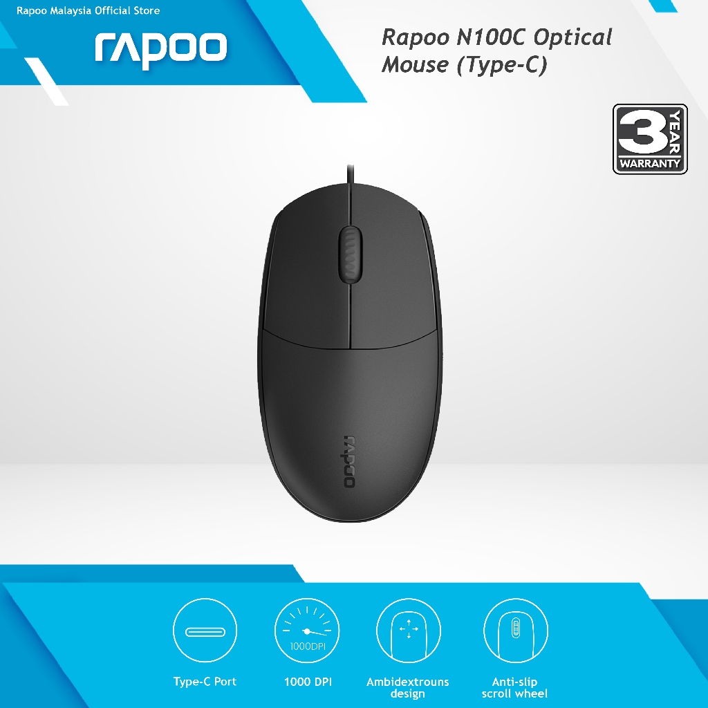 Rapoo N100C Type-C Wired Optical 1000 DPI Mouse - 3 Years Warranty | Shopee Malaysia