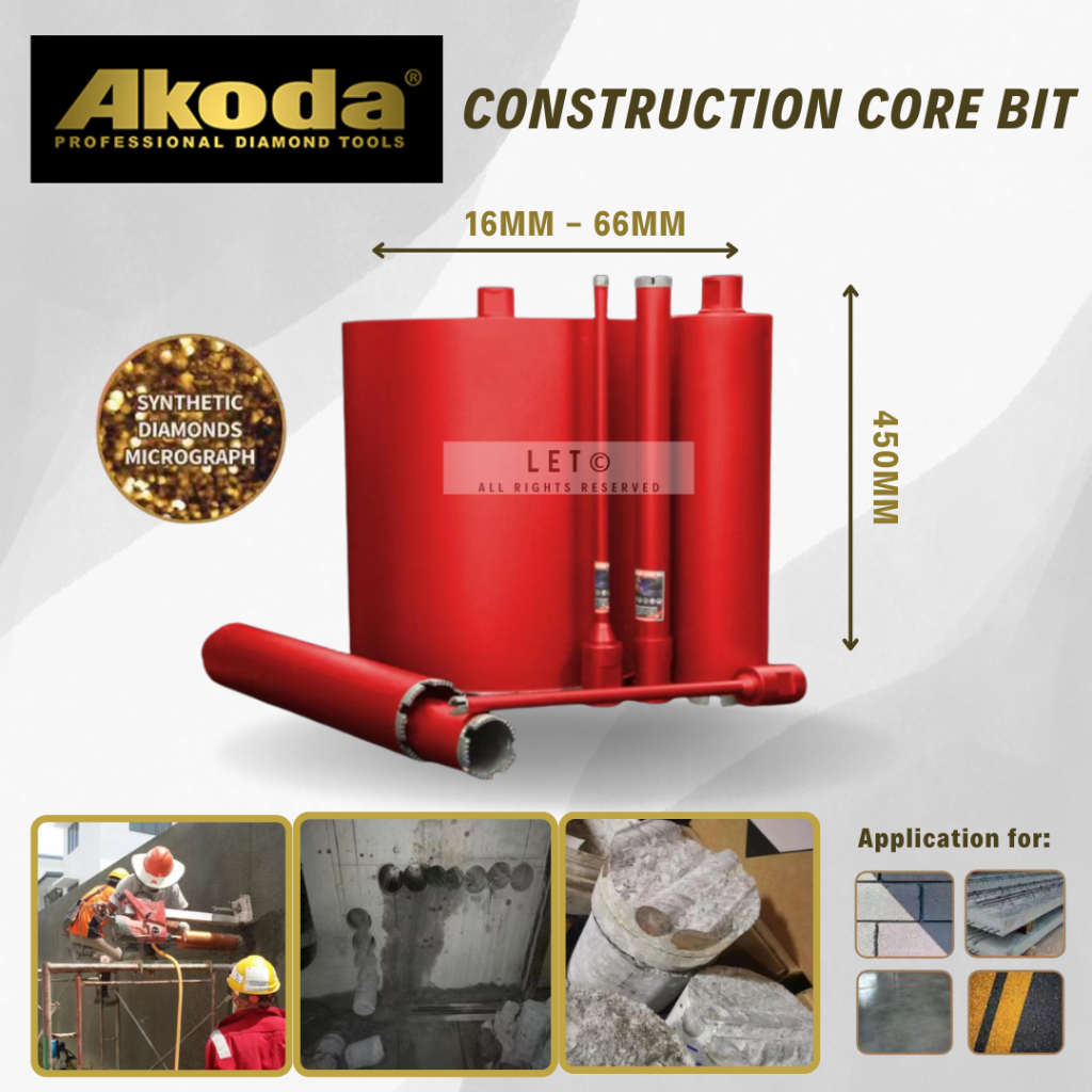 AKODA 16MM - 66MM X 450MM CONSTRUCTION CORE BIT / DIAMOND 1 PIECE TYPE ...