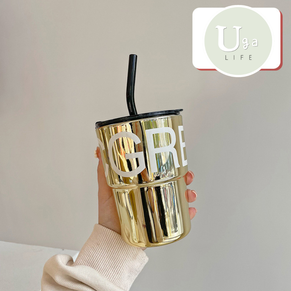 GUCGRES Glass Mug with straw 400ml Portable Glass Cup Water Cup Drink ...