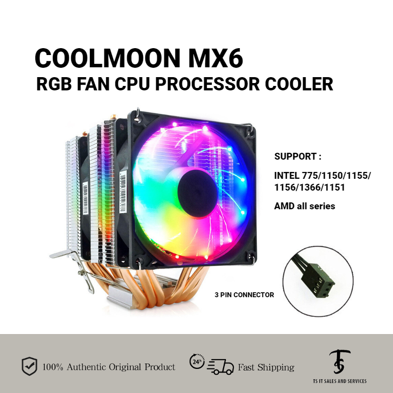 Coolmoon MX6 PWM Dual RGB Fan CPU Cooler 6 Pure Copper Conductor Intel ...