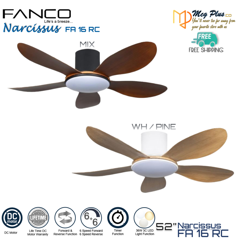 FANCO Narcissus FA16 RC 52" DC Motor Ceiling Fan With 36W 3 Color LED ...