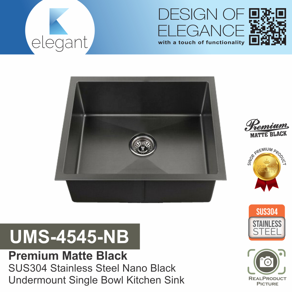 UMS-4545-NB SUS304 Stainless Steel Nano Black Undermount Single Bowl ...