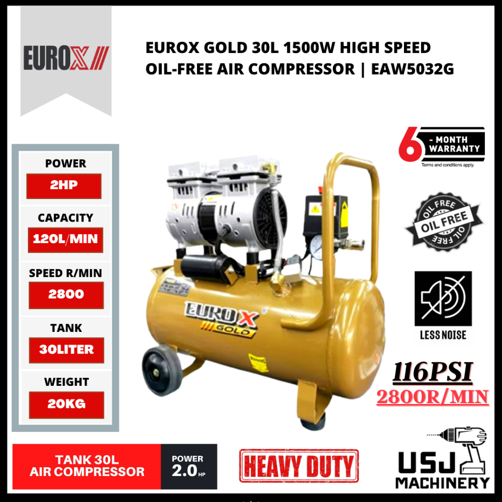 EUROX GOLD 30L 2HP/1500W 2800RPM High Speed Oil-Free Air Compressor EAW5032G - HEAVY DUTY - | 6 ...