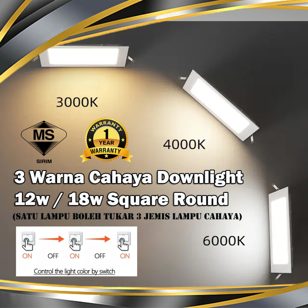 Lampu Siling 3 Warna cahaya/ Led Downlight 3 color in 1 / 12w 18w Bulat ...