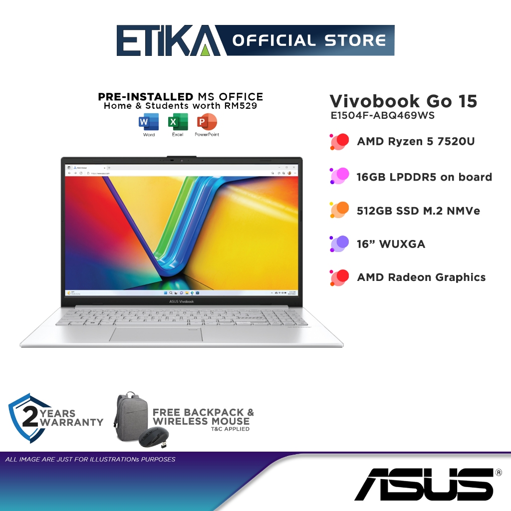 Asus Vivobook Go 15 E1504F-ABQ469WS Laptop | AMD Ryzen 5 7520U, 16GB D5 ...