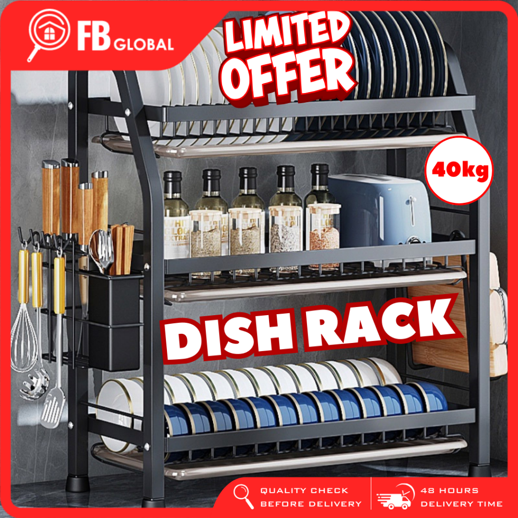 2/3 Tier Dish Rack Dish Drainer Kitchen Rack Organizer Rak Dapur Rak ...