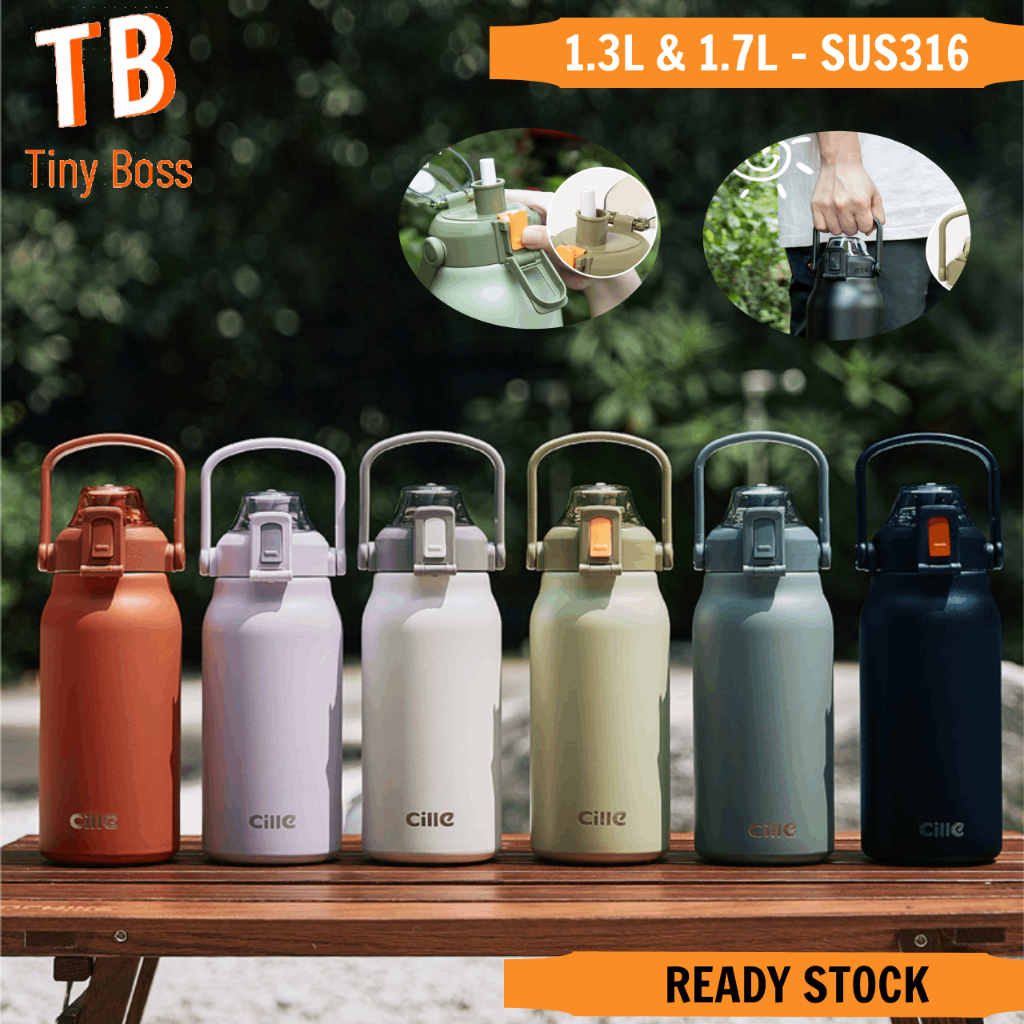 Cille Thermos Tumbler Bottle 1.3L/1.7L Large Capacity Leakproof SUS316 Water Bottle with Straw ...