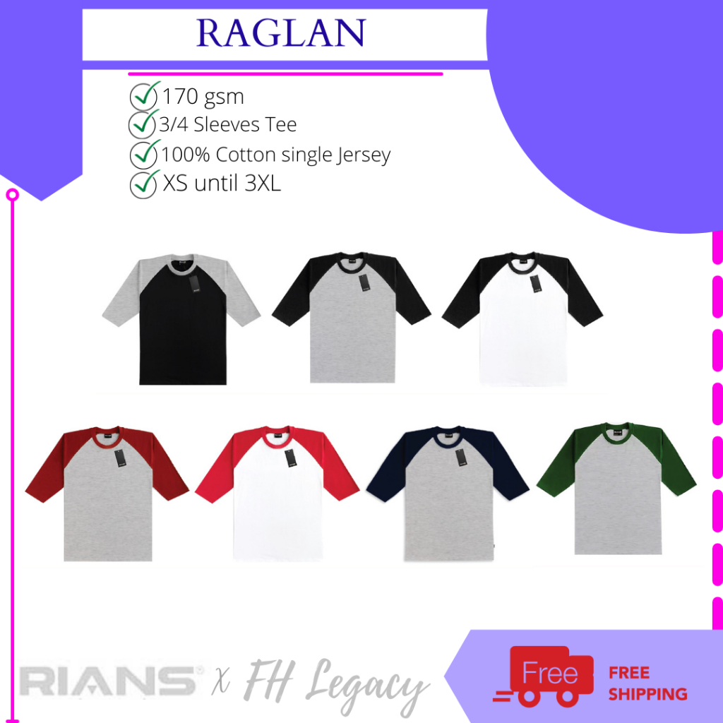 [Ready Stock] RIANS (RAGLAN) COTTON PLAIN T-SHIRT KOSONG UNISEX ...