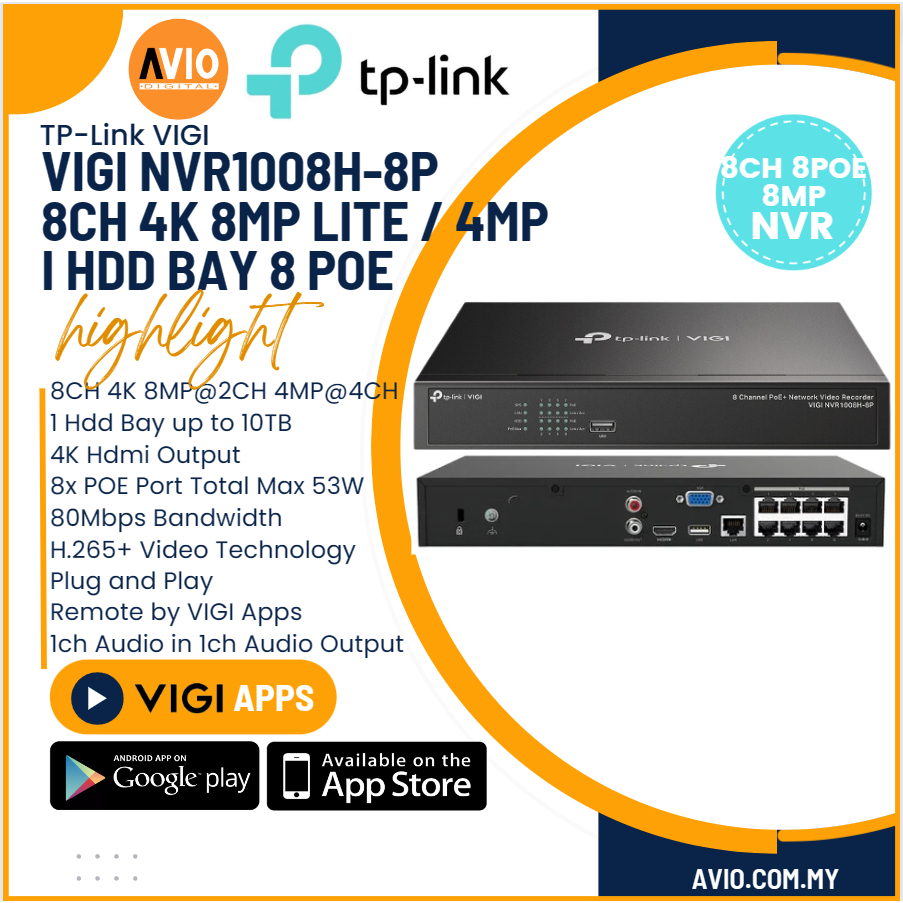 TP-LINK Tplink 8CH 8 Channel 4K 8MP 8 Megapixel IP Network CCTV NVR Recorder 8 Poe VIGI NVR1008H ...