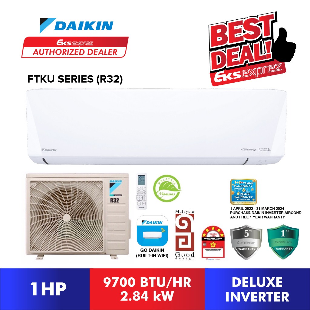 [Wifi Terbina Dalam] Daikin Siri FTKU R32 Penyaman Udara Inverter Deluxe dengan 1HP/1.5HP/2HP/2 ...