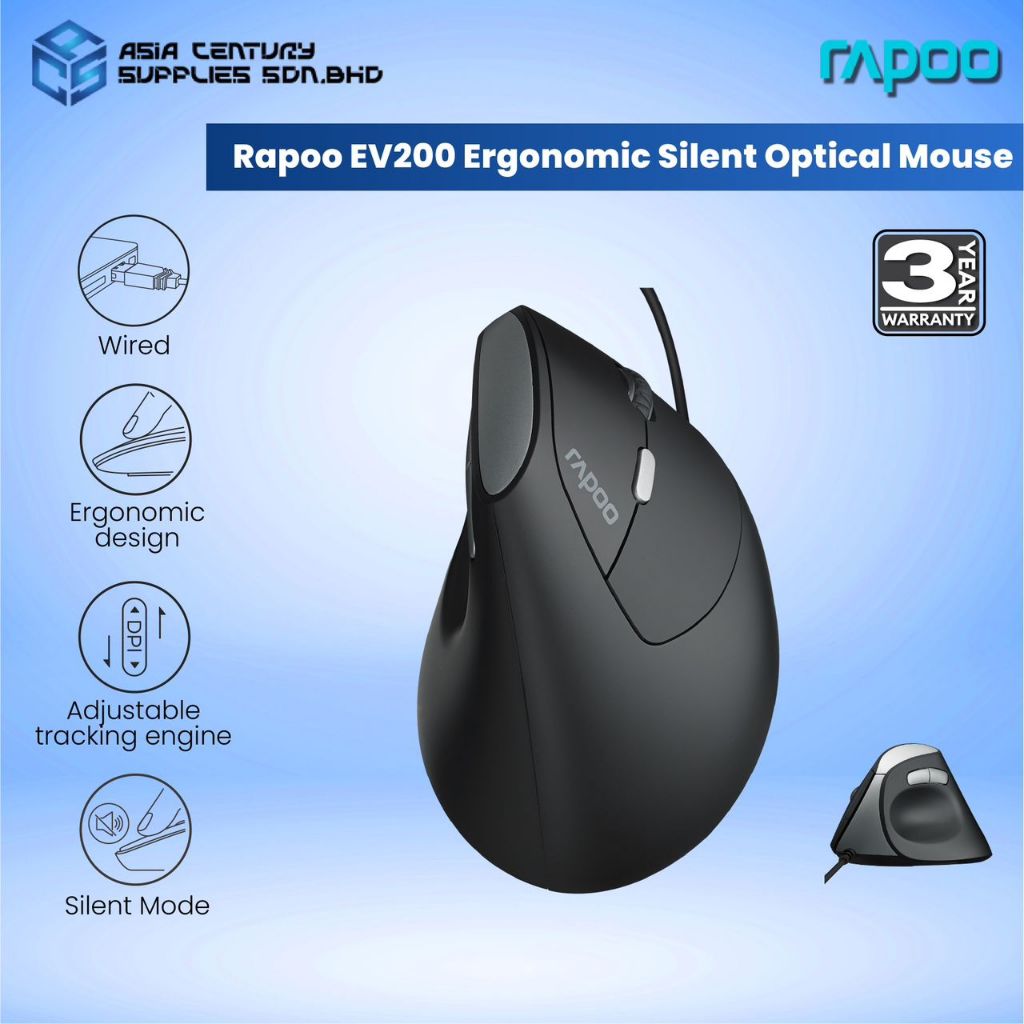 Rapoo EV200 Ergonomic Office Vertical Wired 1600 DPI Optical Mouse - 3 ...