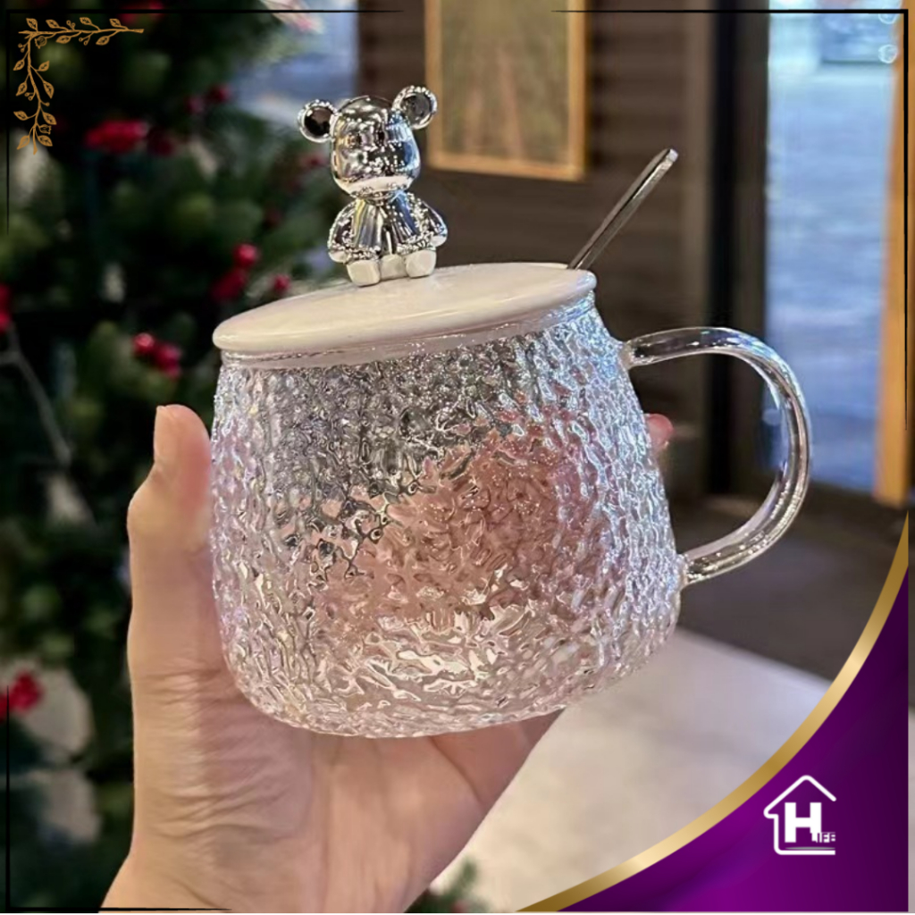 Cute Ins Style Bear Glass Mug With Lid Office Wind Glass Water Cups ...