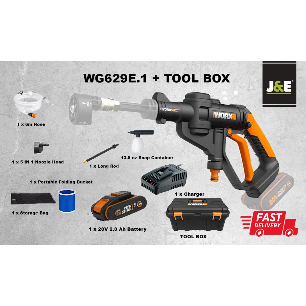 J&E NEW WORX WG629E PowerShare 20V Water Jet Cordless Brushless Motor High Pressure Cleaner ...