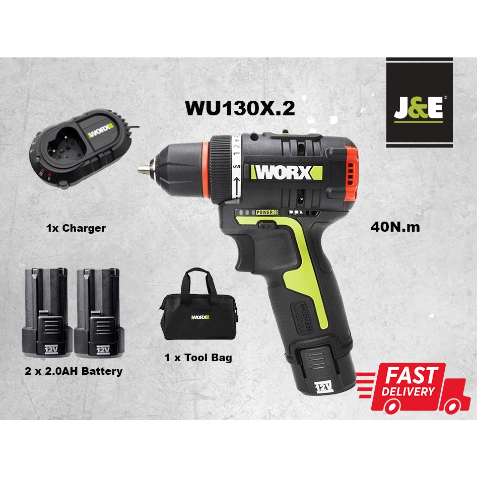 J&E WORX PROFESSIONAL WU130 X 12V 40N.M 2.0 AH Battery Brushless Motor Cordless Electric Drill ...