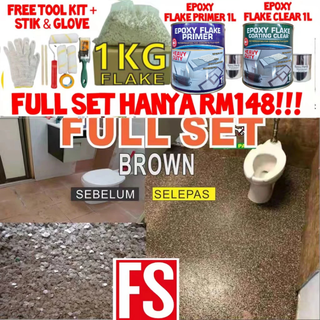 Full Set Epoxy Colour Flake Coating ( 1KG FLAKE / 1L PRIMER / 1L CLEAR COAT ) Toilet Floor Slab ...