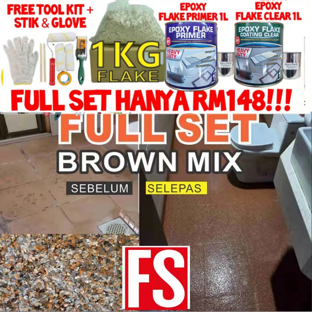Full Set Epoxy Colour Flake Coating ( 1KG FLAKE / 1L PRIMER / 1L CLEAR COAT ) Toilet Floor Slab ...