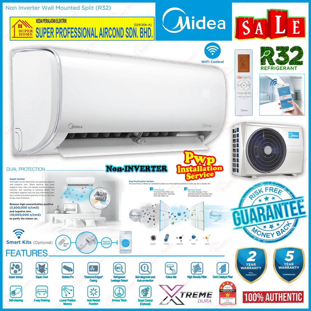 Midea R32 Non Inverter Aircond ((Xtreme Dura)) 1.0hp - 2.5hp MSGD Series ((Pwp Installation ...